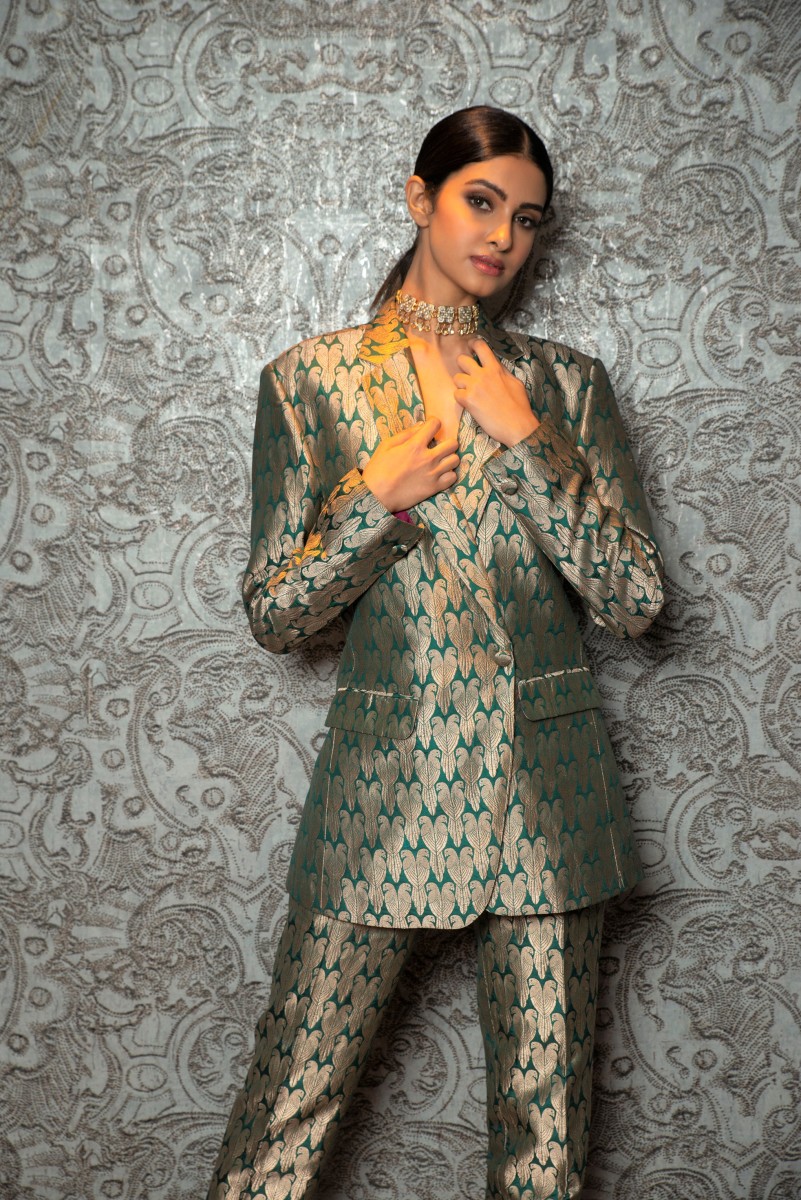 Miss World, Miss India, Pageants, emerald-green brocade pantsuit ...